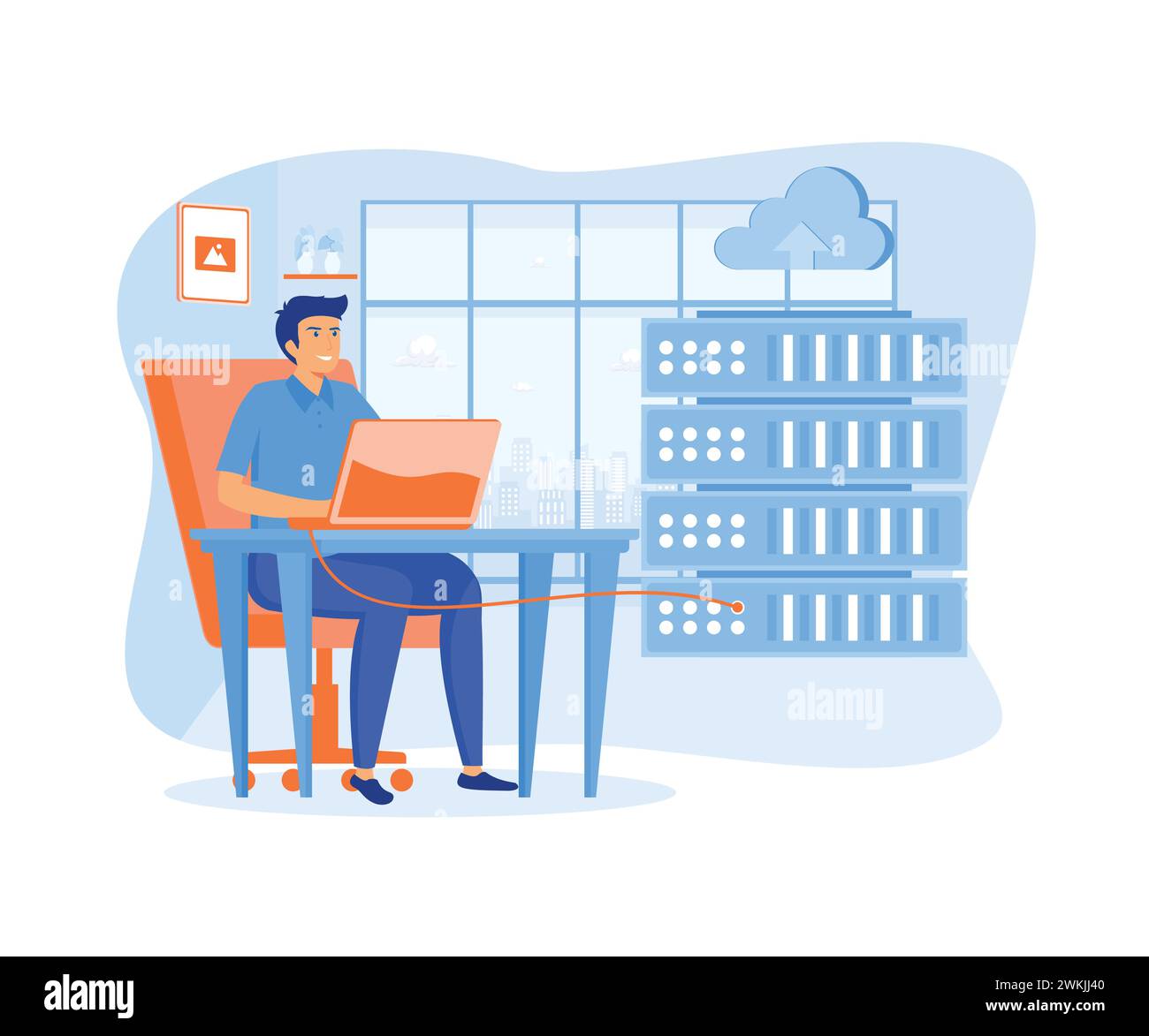 Data server web concept. Technician works in server room racks. Cloud ...