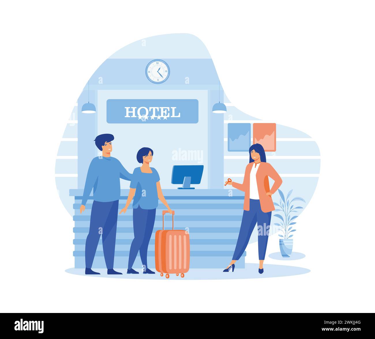 Hotel scene with couple checking in. Man and woman at reception with ...