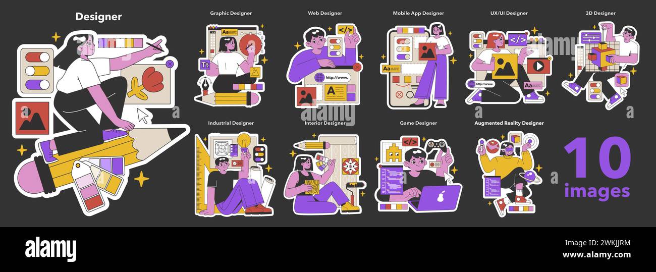 Diverse Design Professions set. Creatives in action, from graphic to ...