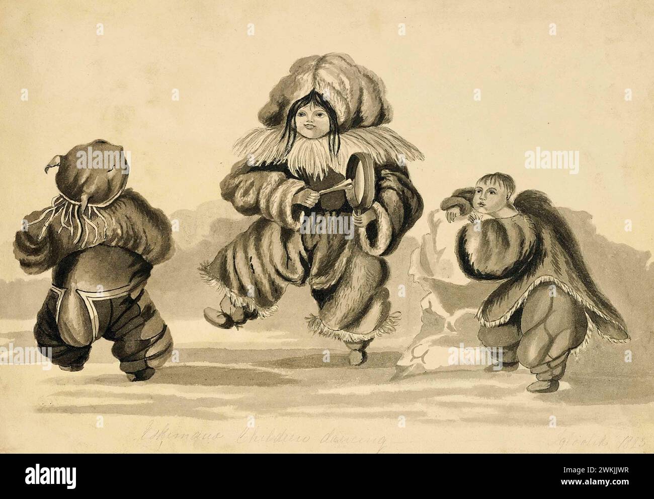 Vintage 1823 Lithograph showing three inuit children dancing outside ...