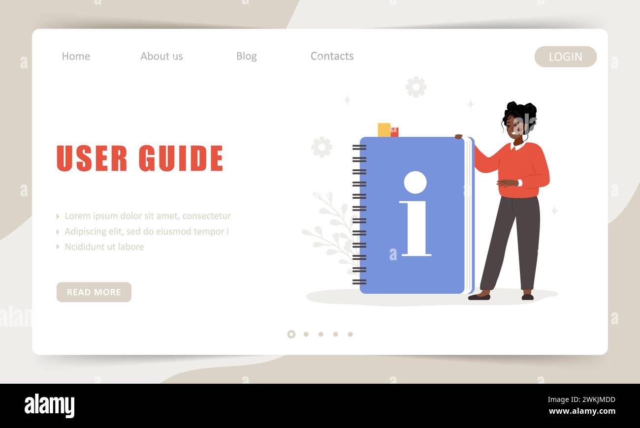 User guides. Landing page template. African female character with huge guidebook. FAQ or ...
