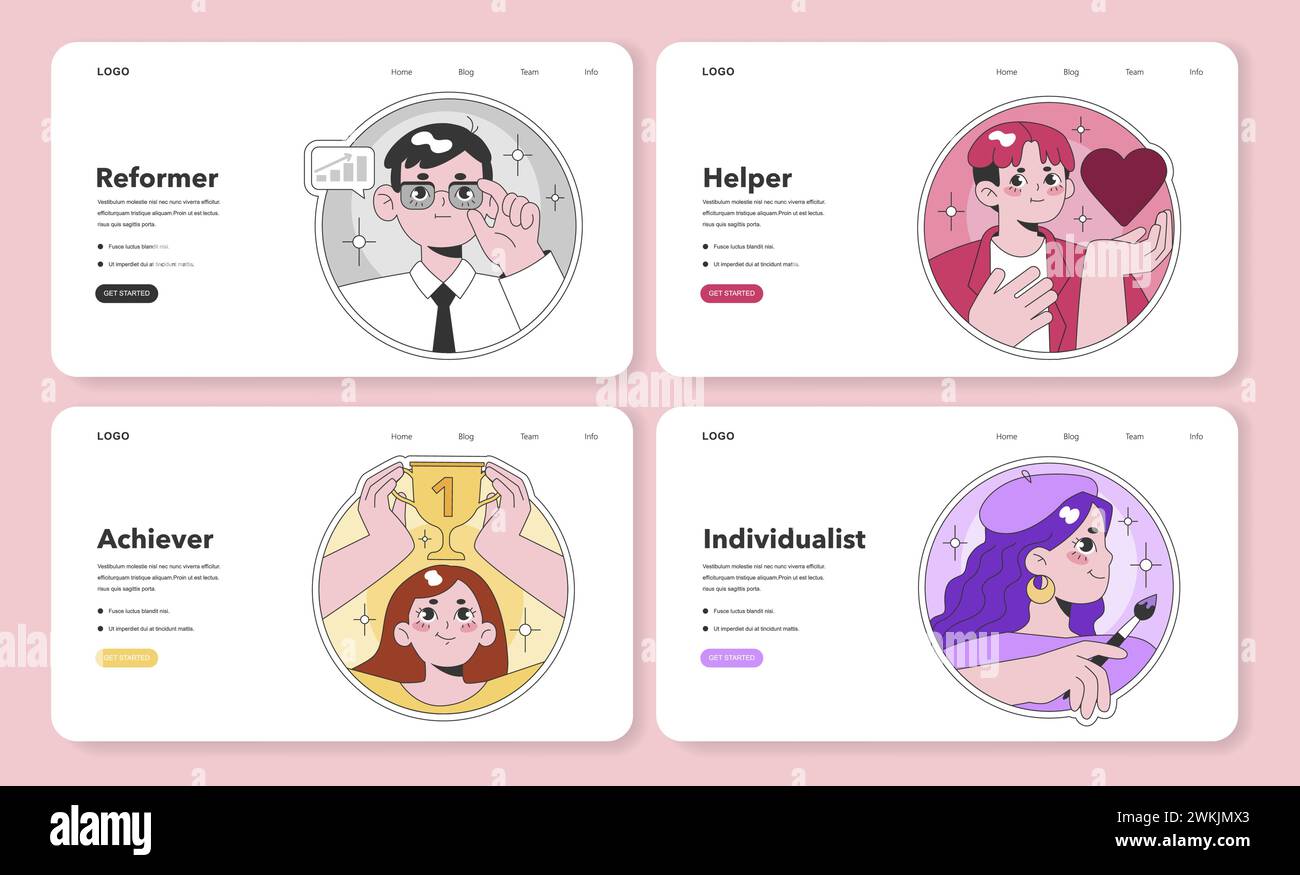 Enneagram personalities web layout. Illustrations of Reformer, Helper, Achiever, and ...