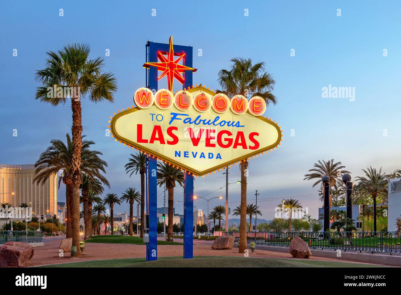 Las Vegas, Nevada, USA at the Welcome to Las Vegas Sign at dusk Stock ...