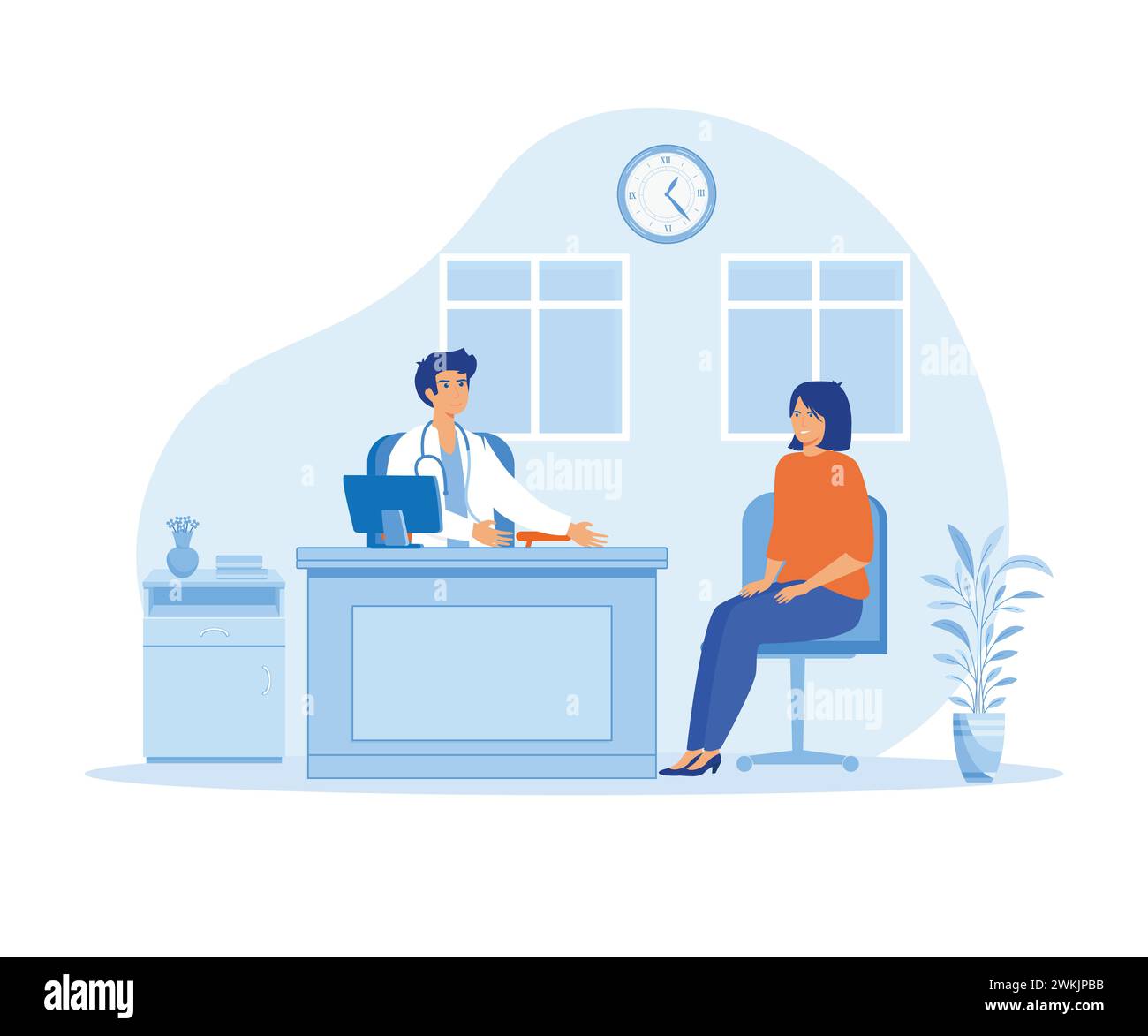 Doctor practitioner male and young female patient in hospital medical ...