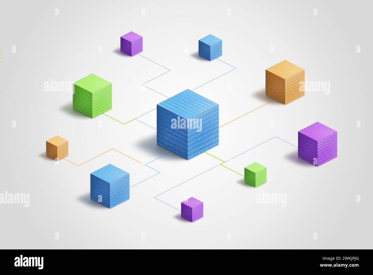 Multicolored Blockchain Cubes Linked By Electronic Lines And Binary Code Symbolizing Digital
