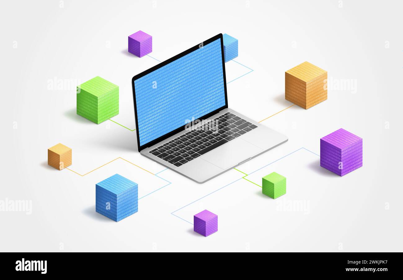 Laptop Technology Integrated Into Blockchain Network With Colorful Cubes Binary Code And