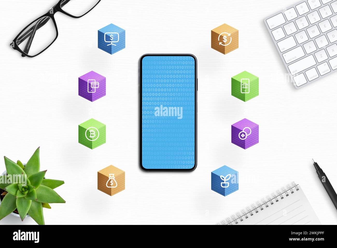 Phone with binary code surrounded by blockchain blocks and finance icons on a work desk ...