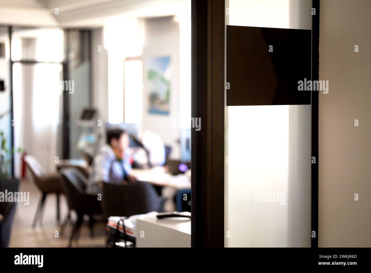 A frosted glass panel on an office door provides a view of a busy ...