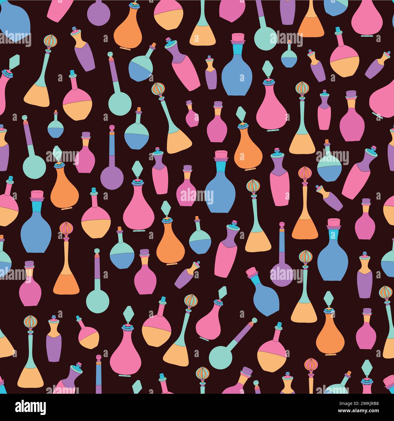 vector hand drawn colorful potion bottles seamless pattern perfect for ...