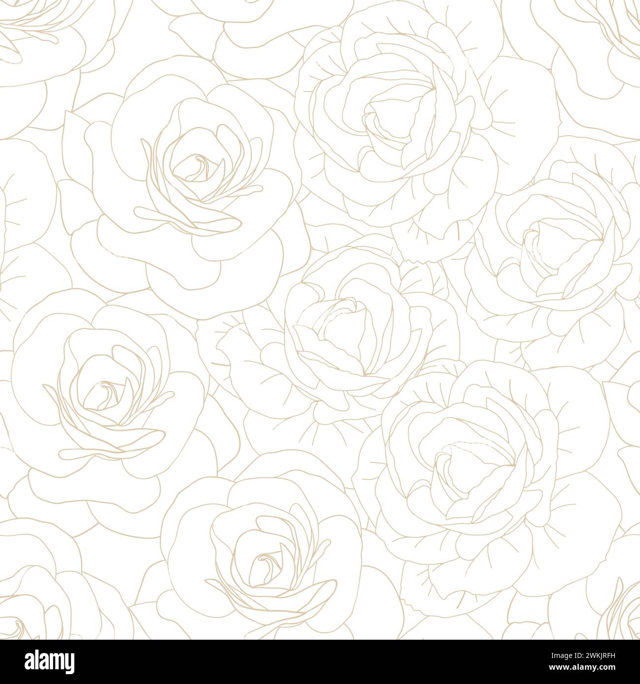 Camellia beige line art flower seamless pattern. Delicate rose flower ...