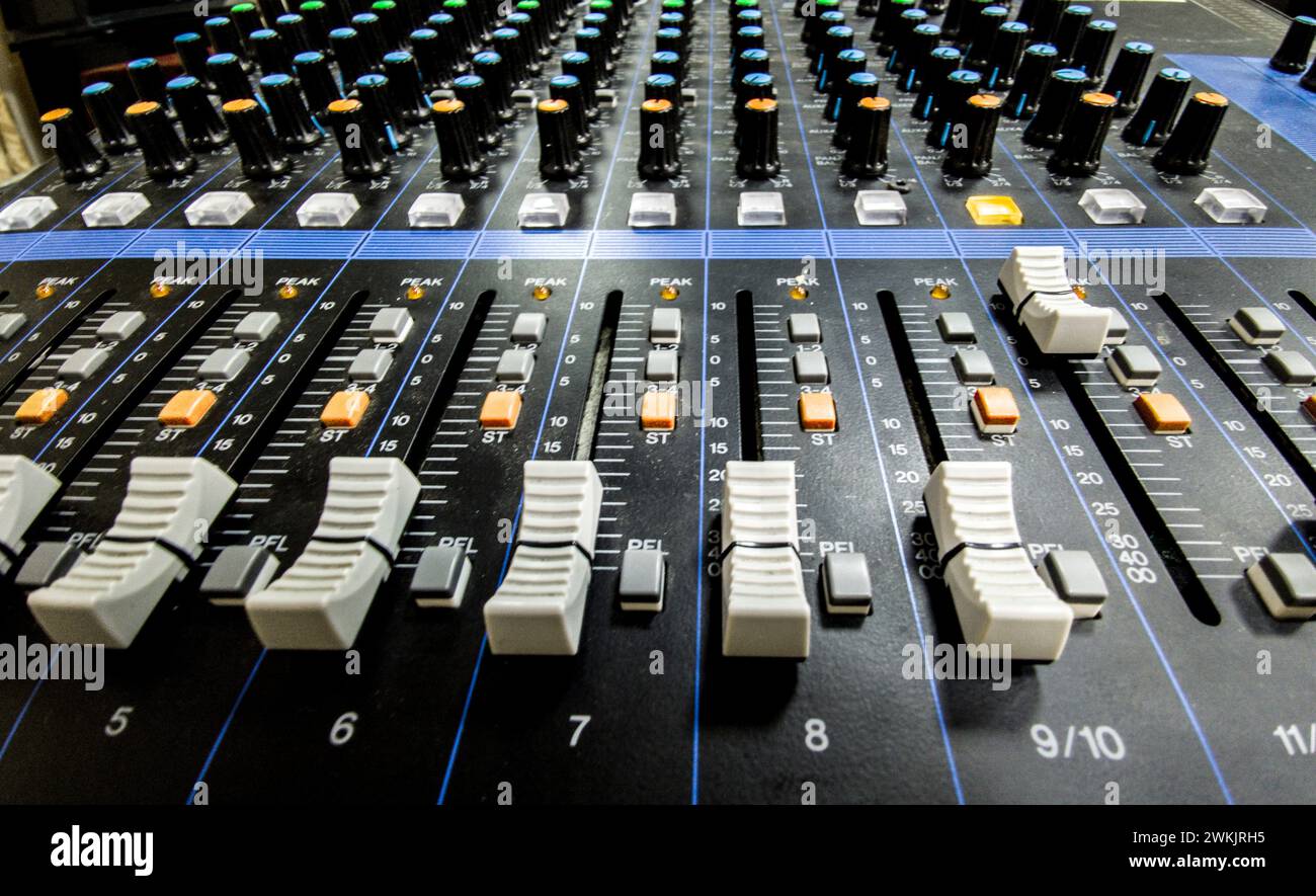 Sound board controls display. Levels on focus Stock Photo - Alamy