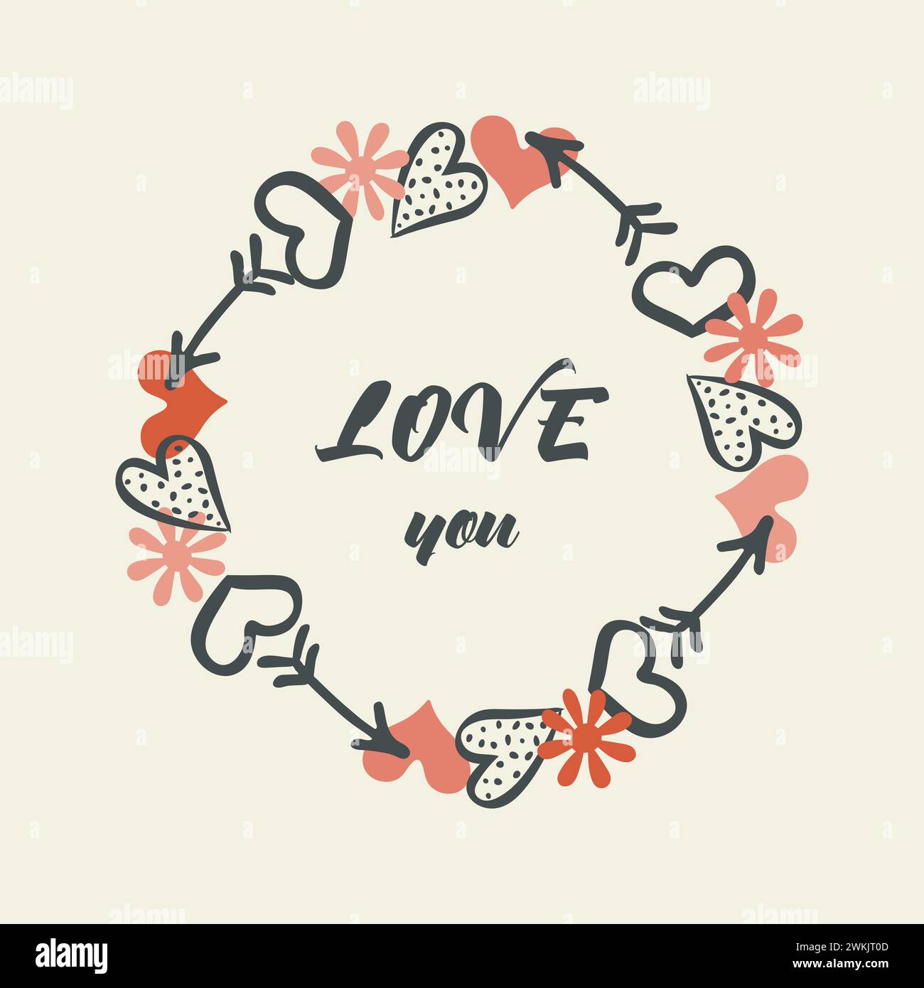 Doodle love concept wreath, circle frame. Decorative hand drawn paint ...