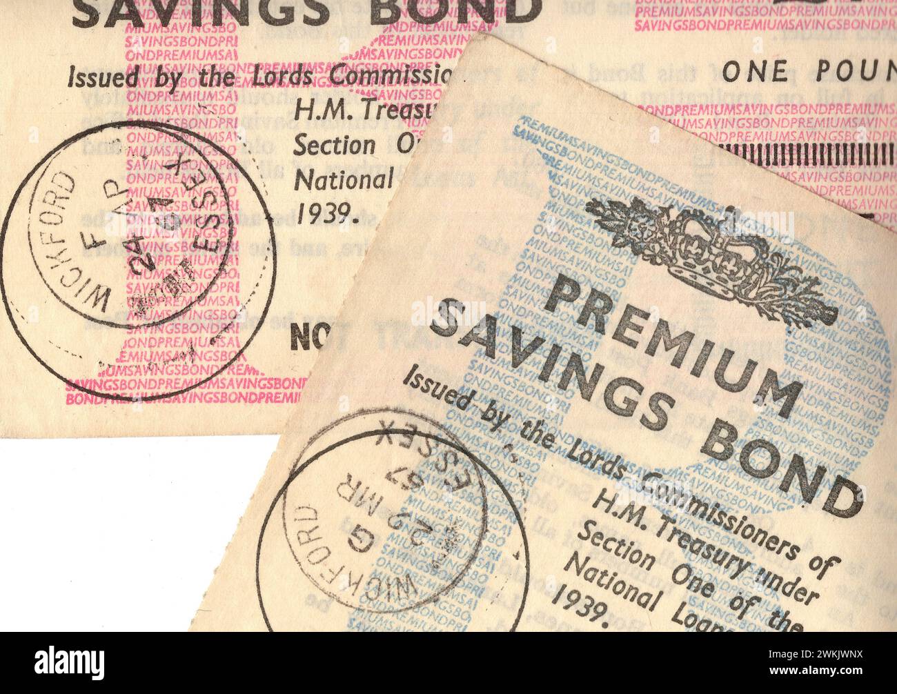 A close up of vintage £1 and £2 Premium Savings Bonds from the United ...