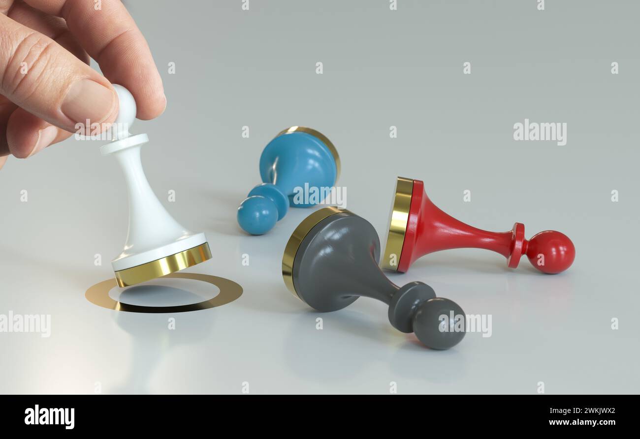 Hand holding a pawn for beating competition. Composite between a hand ...