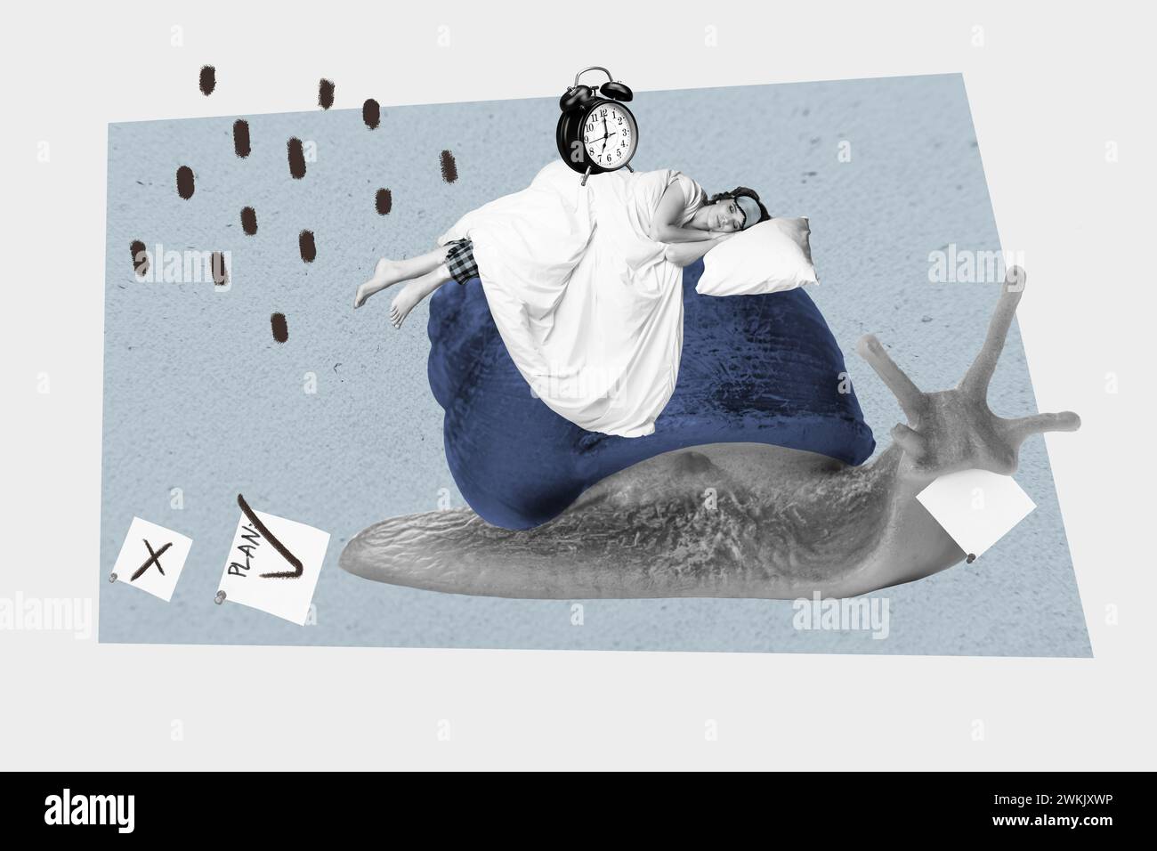 Artwork magazine collage picture of tired lady sleeping snail shell ...