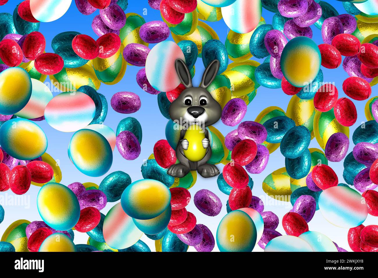 Flying easter eggs of different sizes and colors, with a little easter ...