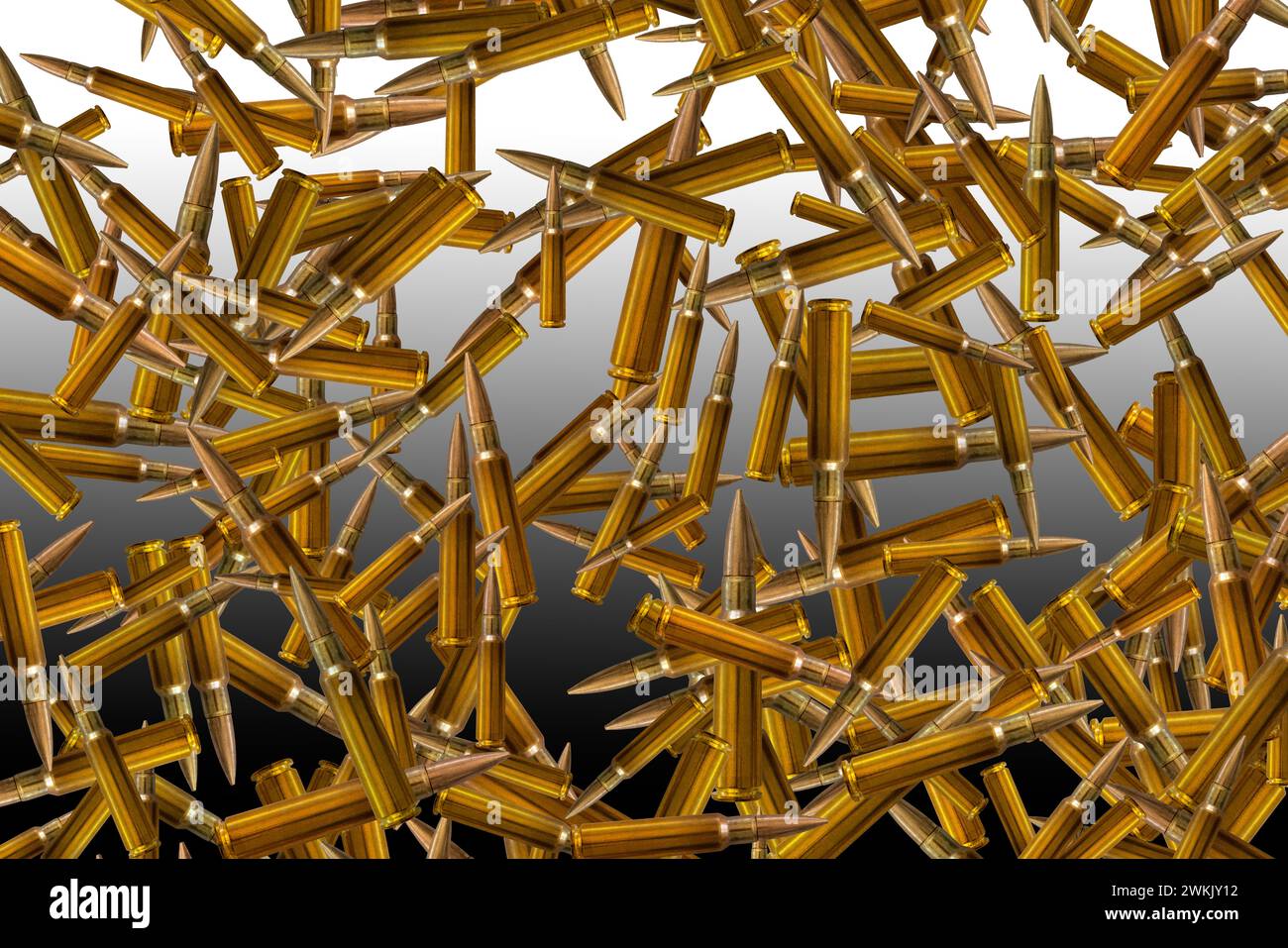 Rifle cartriges arranged randomly on a white black gradient background ...