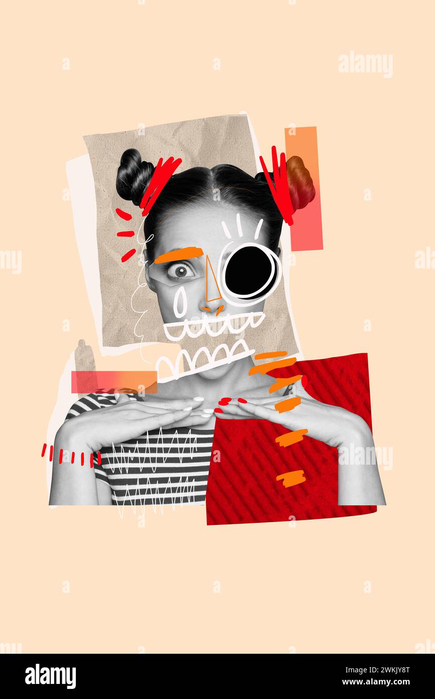 Vertical creative collage poster young girl portrait drawing doodles ...