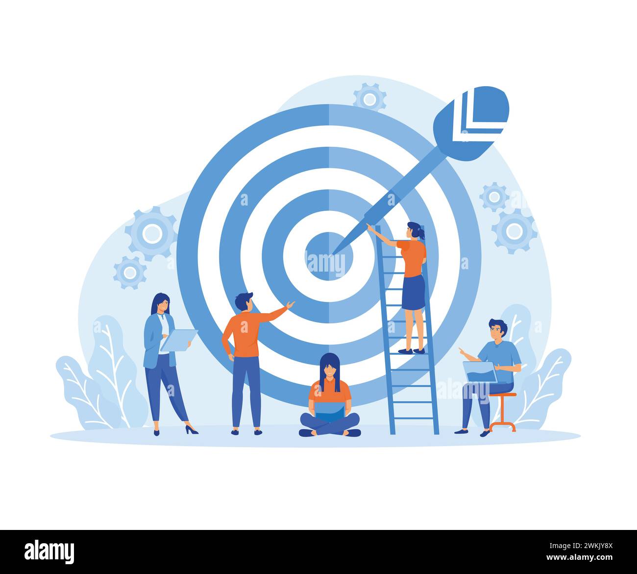 Businessmen working and woman at big target with arrow. Internal ...