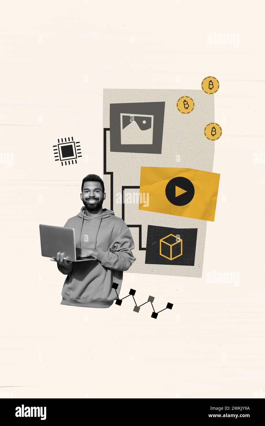 Vertical collage poster young man successful trader hold laptop online ...
