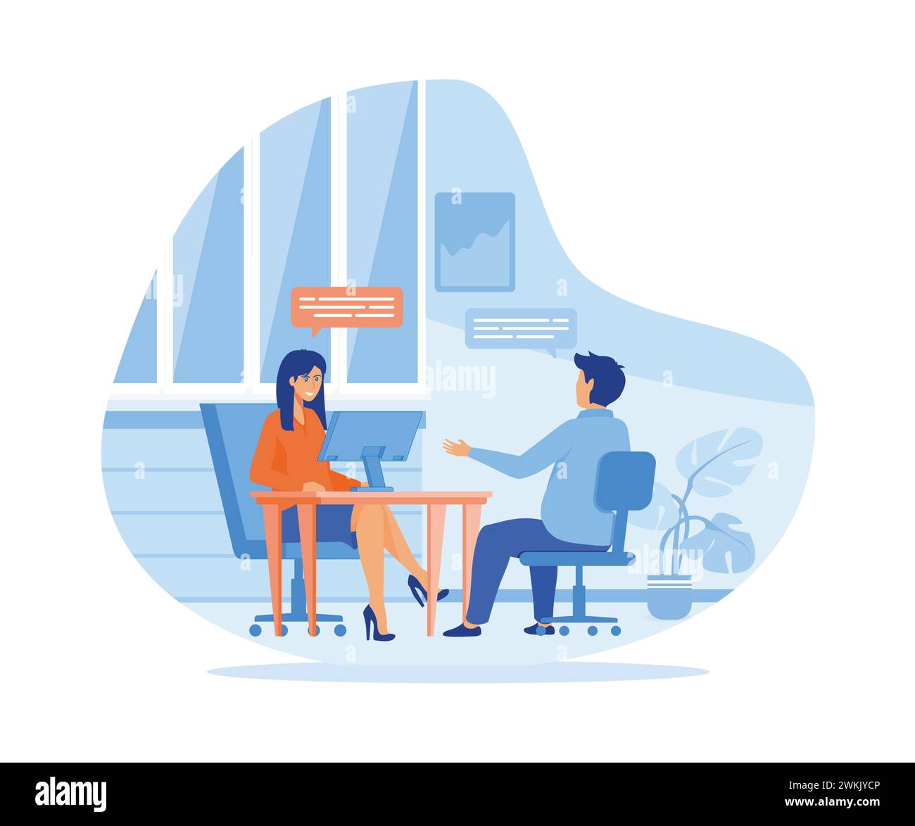 Job interview. Man talking to a young woman with laptop. flat vector ...