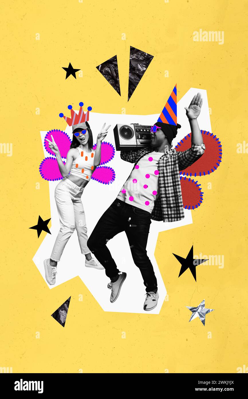 Placard picture collage artwork of two best friends having fun dancing ...