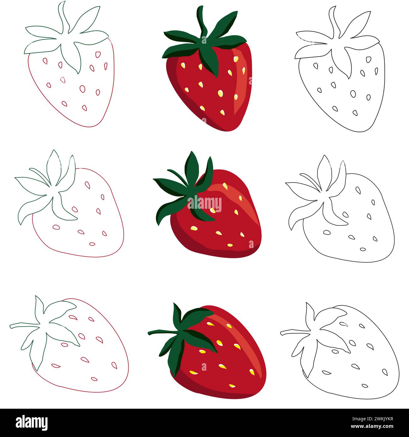 Strawberry summer hand drawn fruit set, colorful, line art. Vector ...