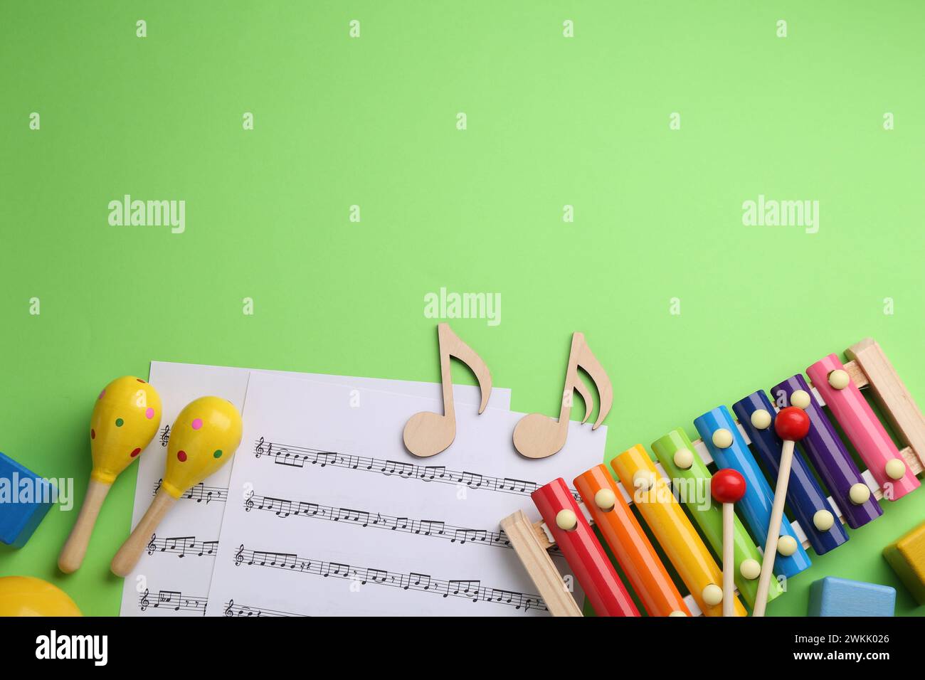 Tools for creating baby songs. Flat lay composition with maracas and xylophone on green ...