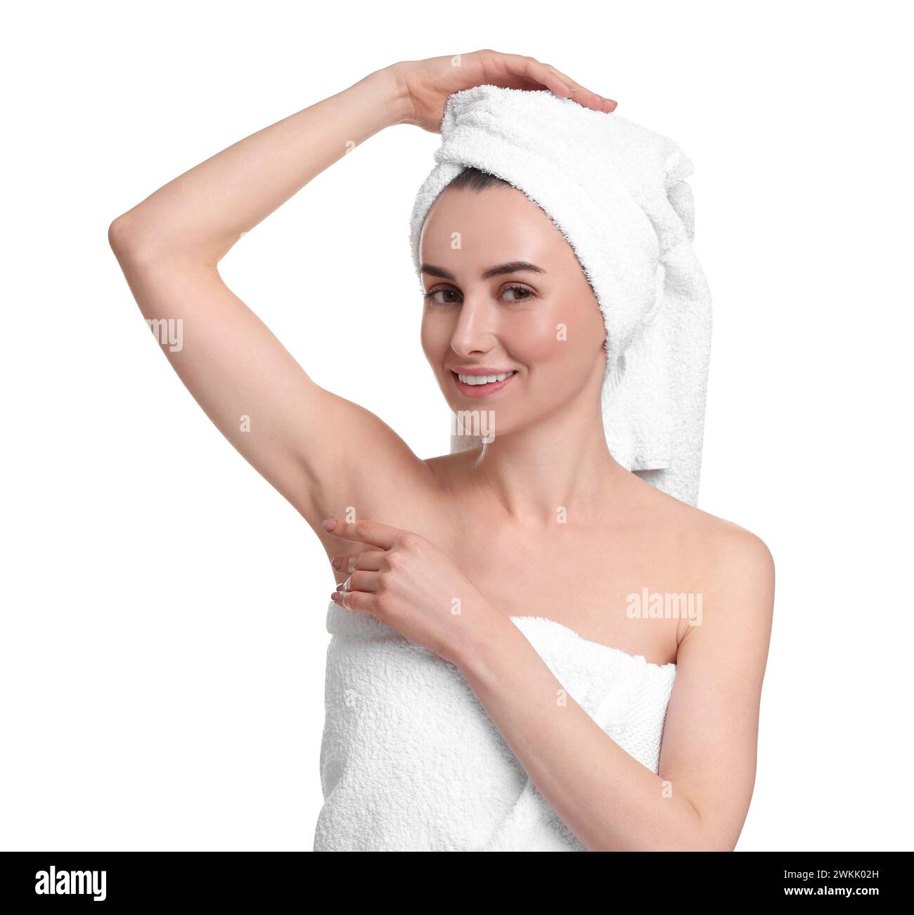 Beautiful woman showing armpit with smooth clean skin on white ...