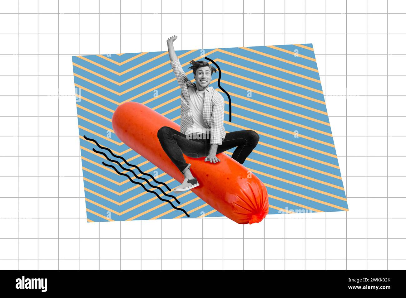 Creative abstract template collage of funny young man riding sausage ...