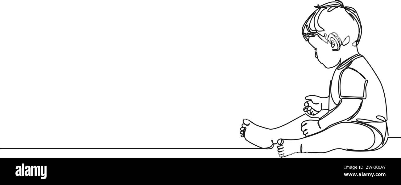 continuous single line drawing of toddler boy sitting on floor, line ...