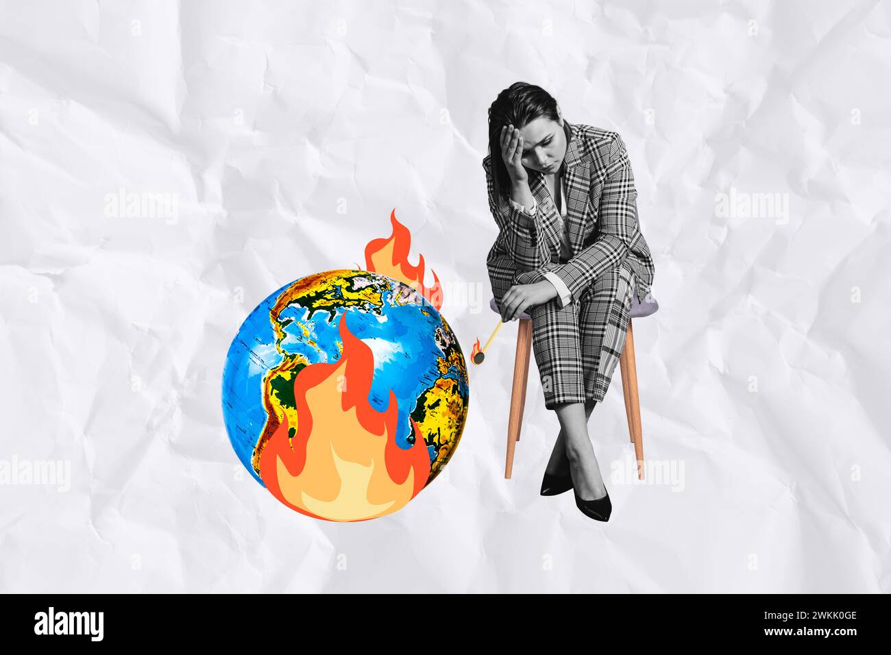 Composite creative art collage of young upset girl hold match set fire ...