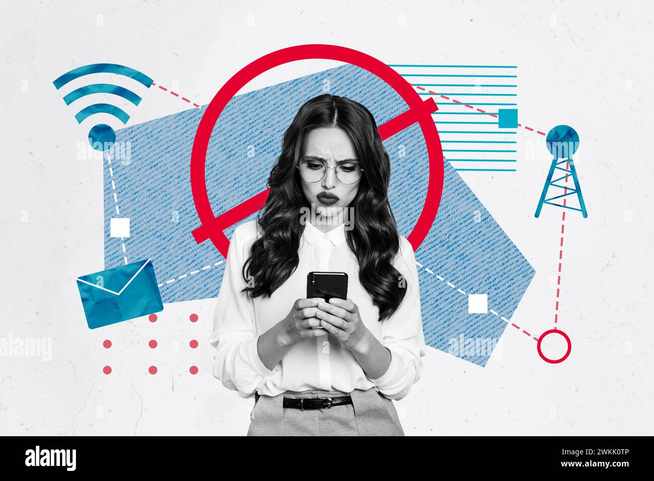 Creative collage young gorgeous woman hold smartphone no signal wifi ...