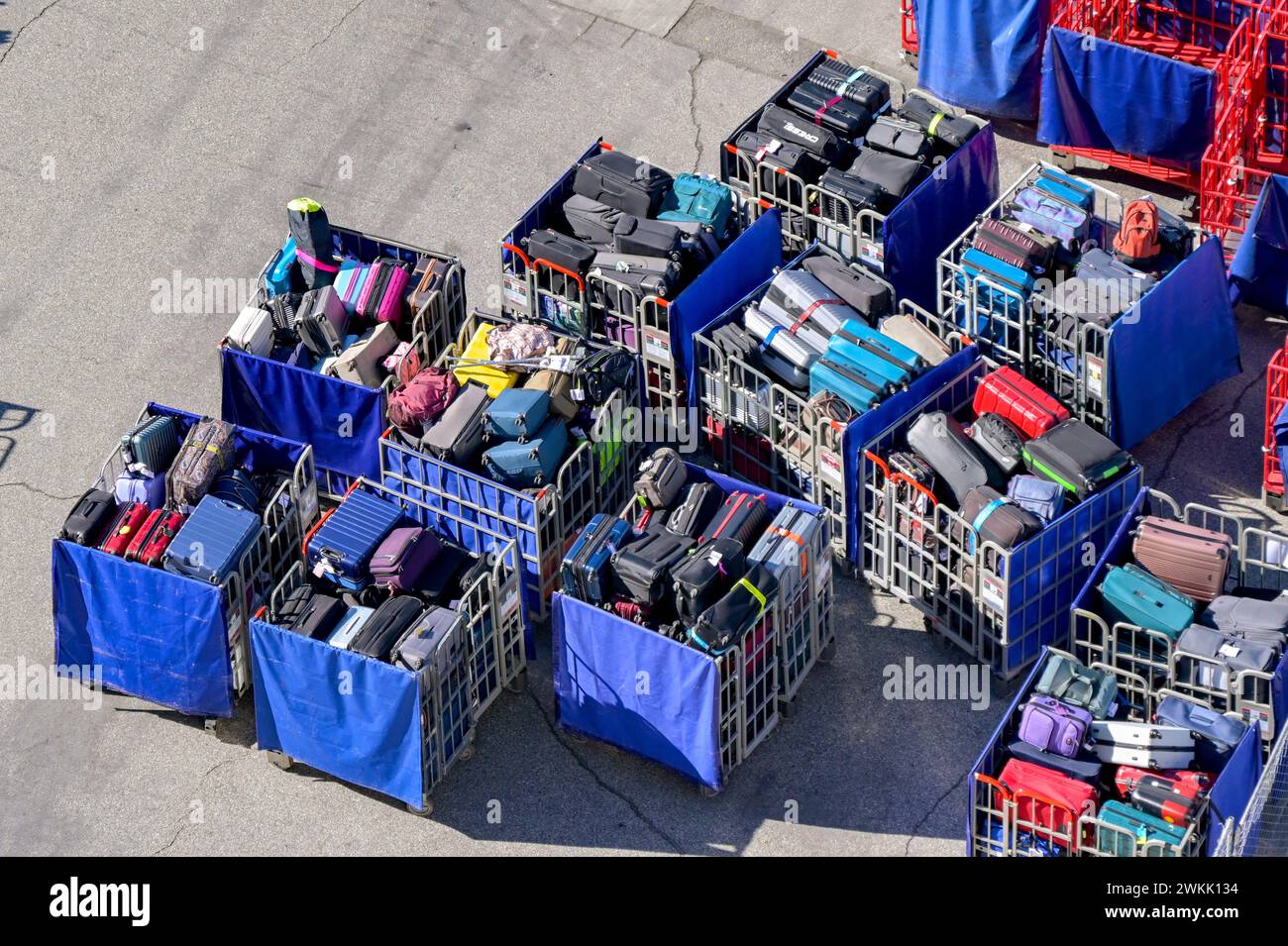 Los Angeles, California, USA - 12 January 2024: Luggage carts full of ...