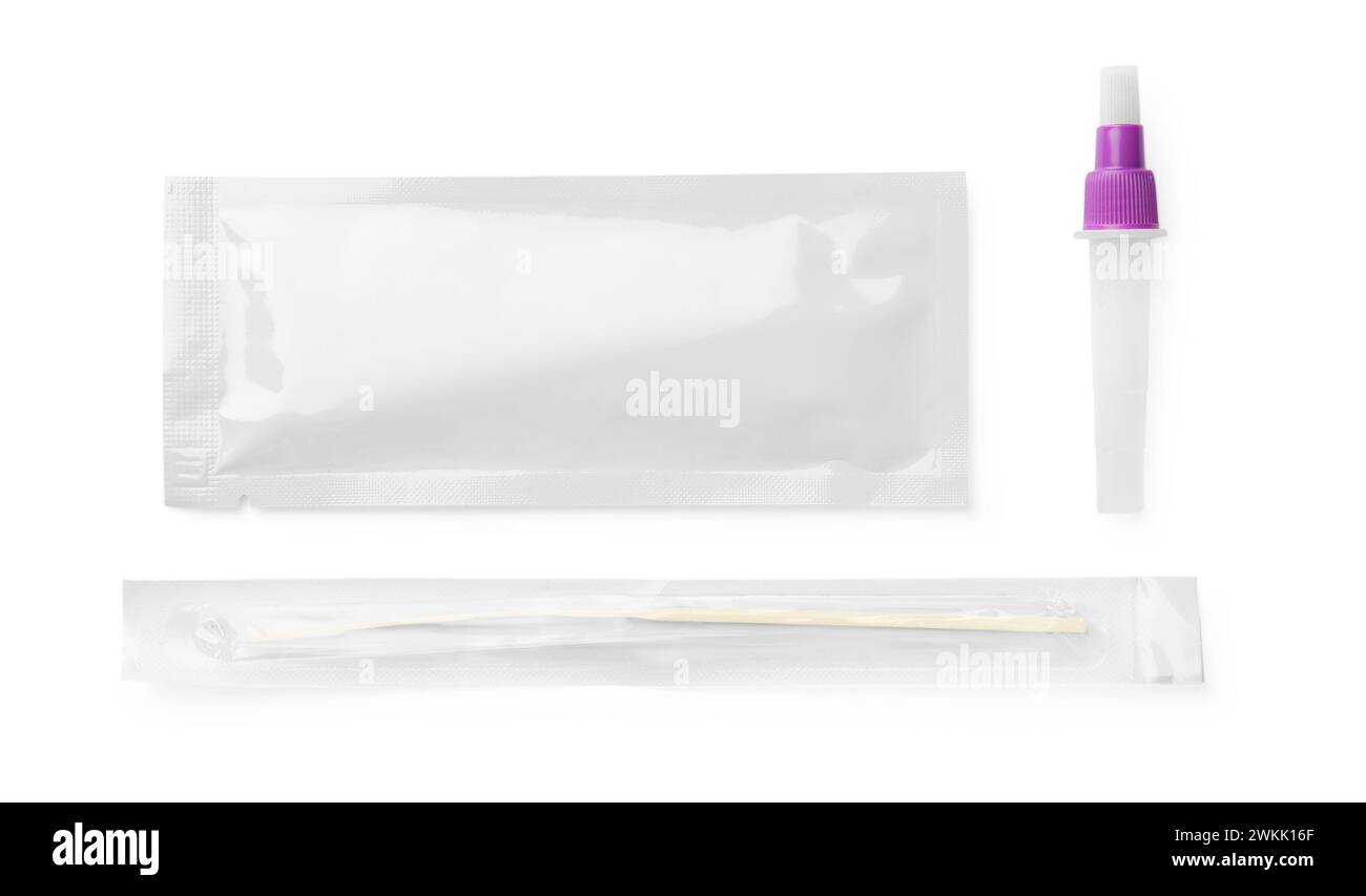 Covid-19 express test kit on white background, flat lay Stock Photo - Alamy