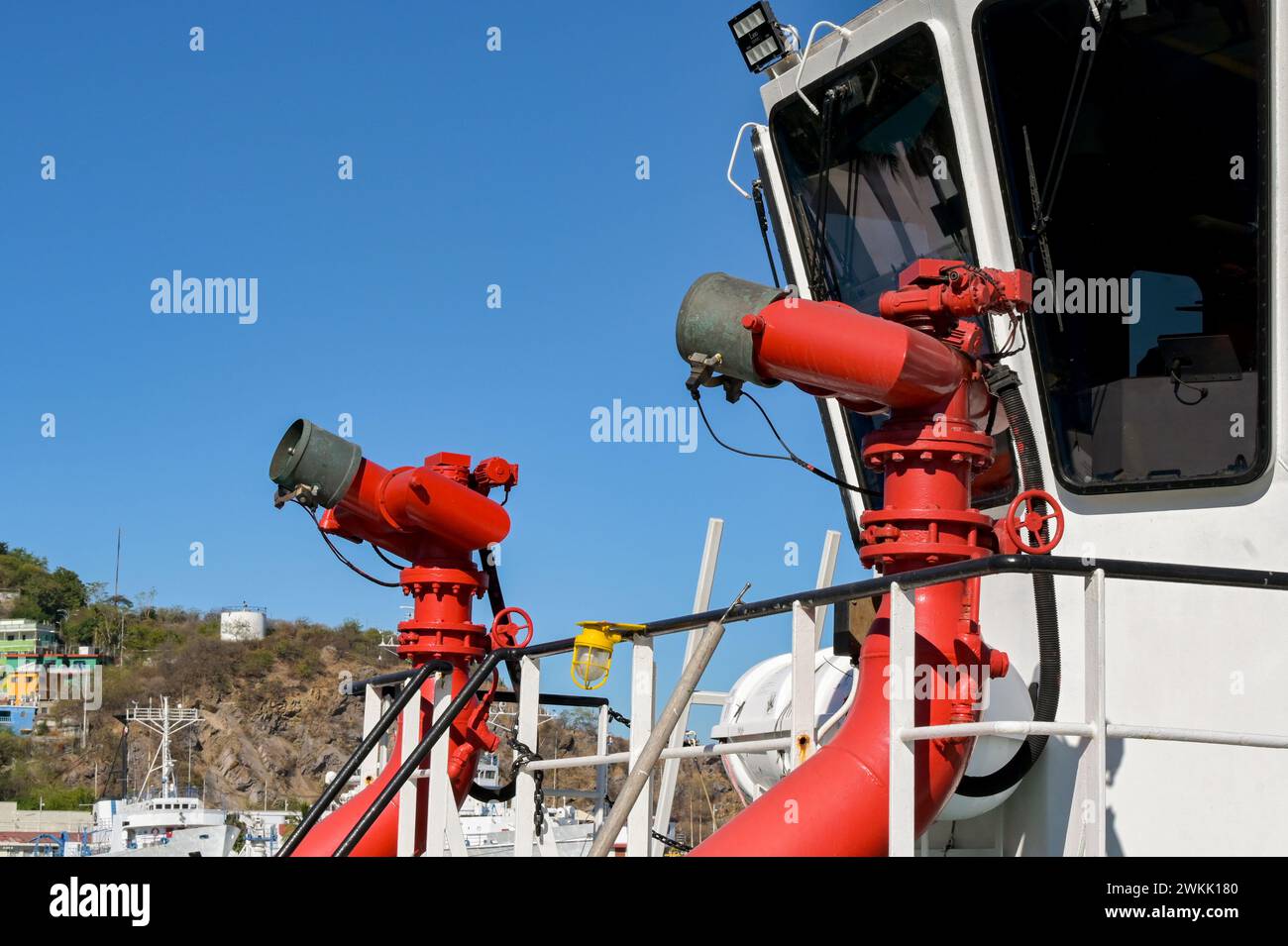 Manzanillo, Mexico - 16 January 2024: Close up view of water cannons ...