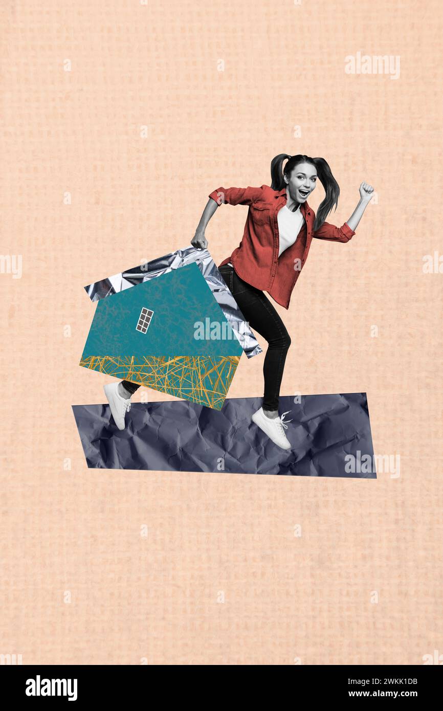 Vertical creative collage young happy girl carry house new property ...
