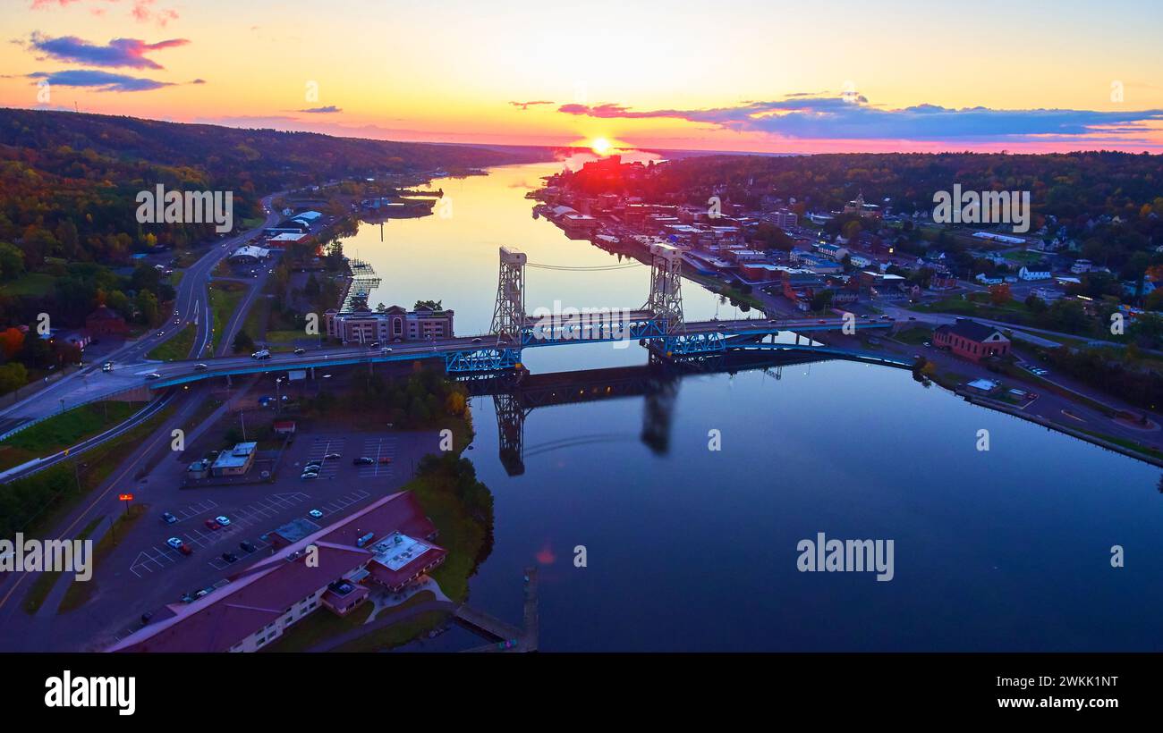 Aerial Sunrise Over Portage Lake Lift Bridge and Calm Riverbanks Stock ...