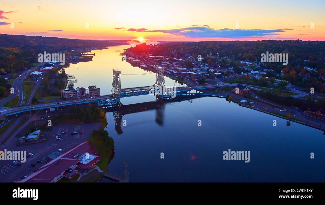 Aerial Sunset View of Riverside Town with Lift Bridge Stock Photo - Alamy