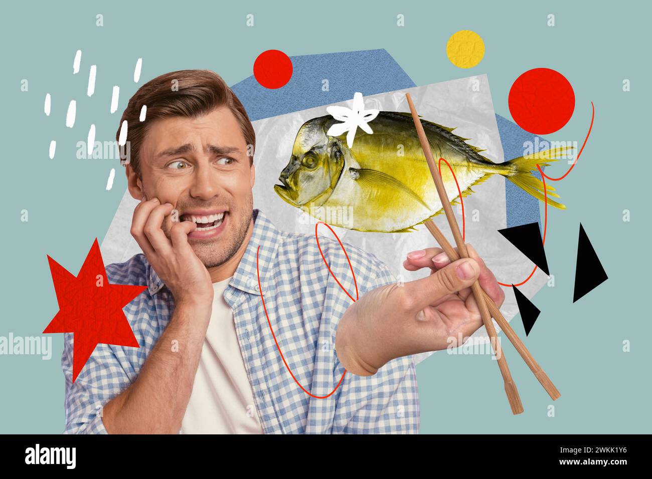 Creative collage chopsticks hold river raw salty fish natural food diet ...
