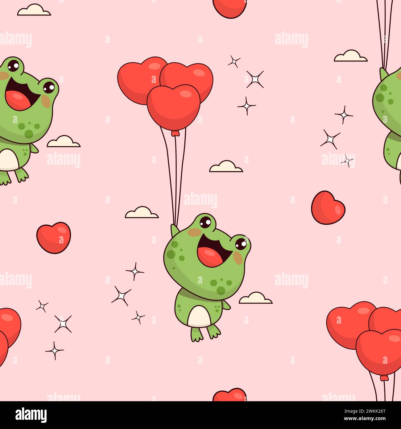 Seamless pattern with romantic smiling frog with hearts balloons on ...