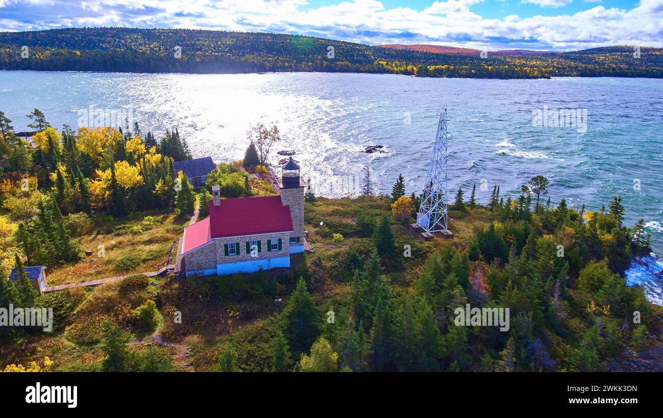 Aerial View of Copper Harbor Lighthouse in Autumn Forest, Lake Superior ...