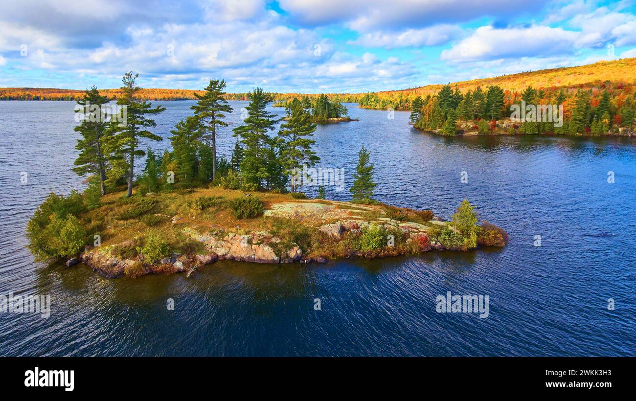Aerial View of Autumnal Forested Island in Serene Lake Medora Stock ...