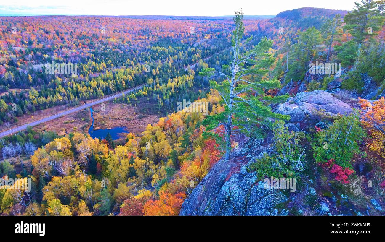 Aerial Autumn Forest with Scenic Road and Reflective Lake, Michigan ...