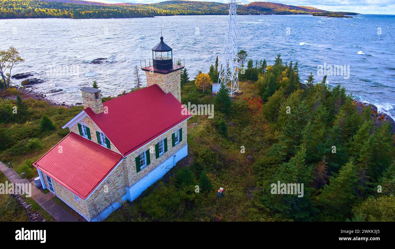 Aerial Autumn Lighthouse Scene with Modern Tower, Lake Superior Stock ...