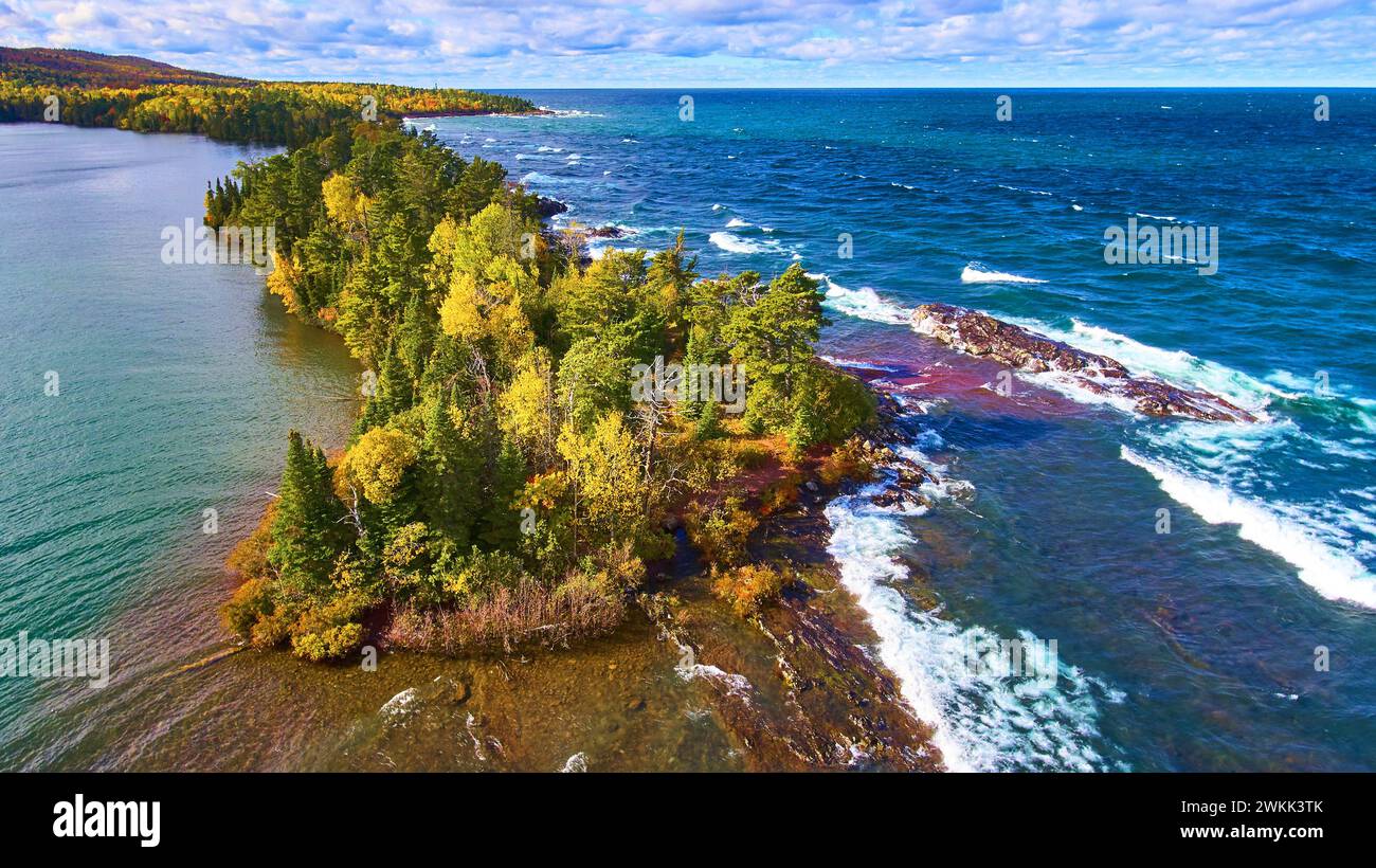 Aerial View of Coastal Forest Peninsula and Waves in Lake Superior ...