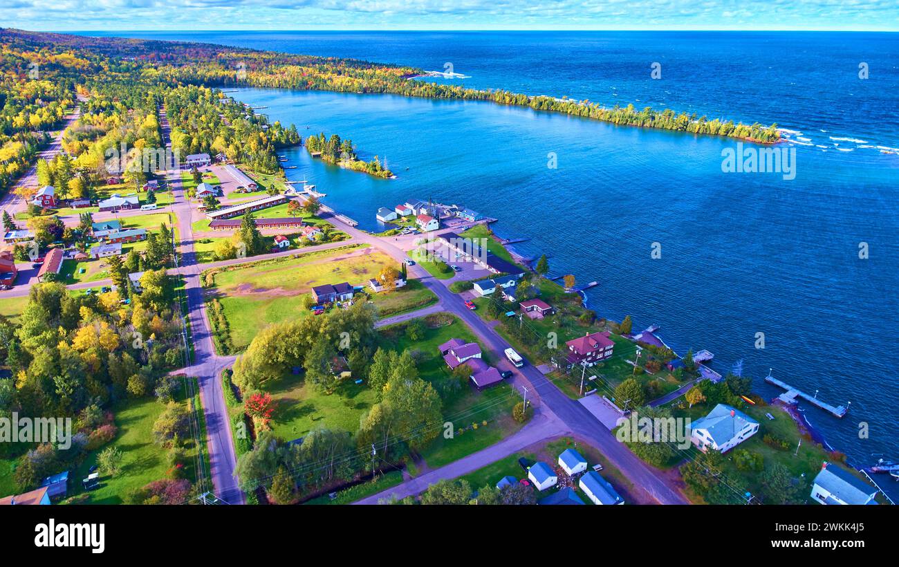 Aerial View of Serene Lakeside Town at Golden Hour, Michigan Stock ...