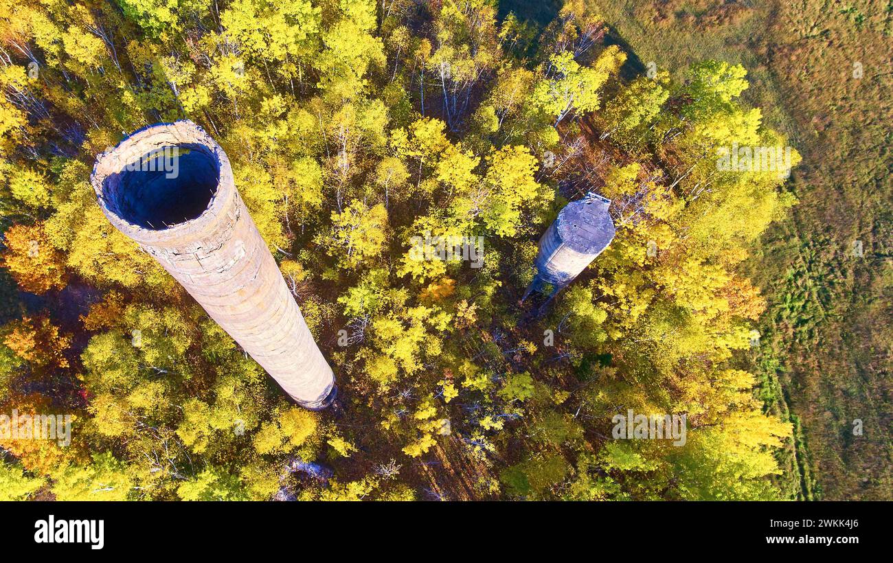 Aerial Autumn Forest with Abandoned Industrial Chimneys Stock Photo - Alamy