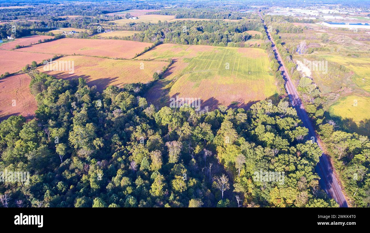 Aerial View of Patchwork Farmland and Forest at Golden Hour, Indiana ...