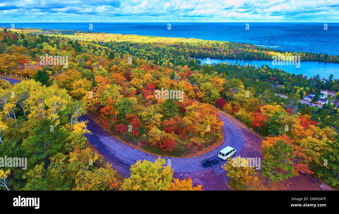 Aerial Autumn Splendor with Winding Road in Michigan Stock Photo - Alamy
